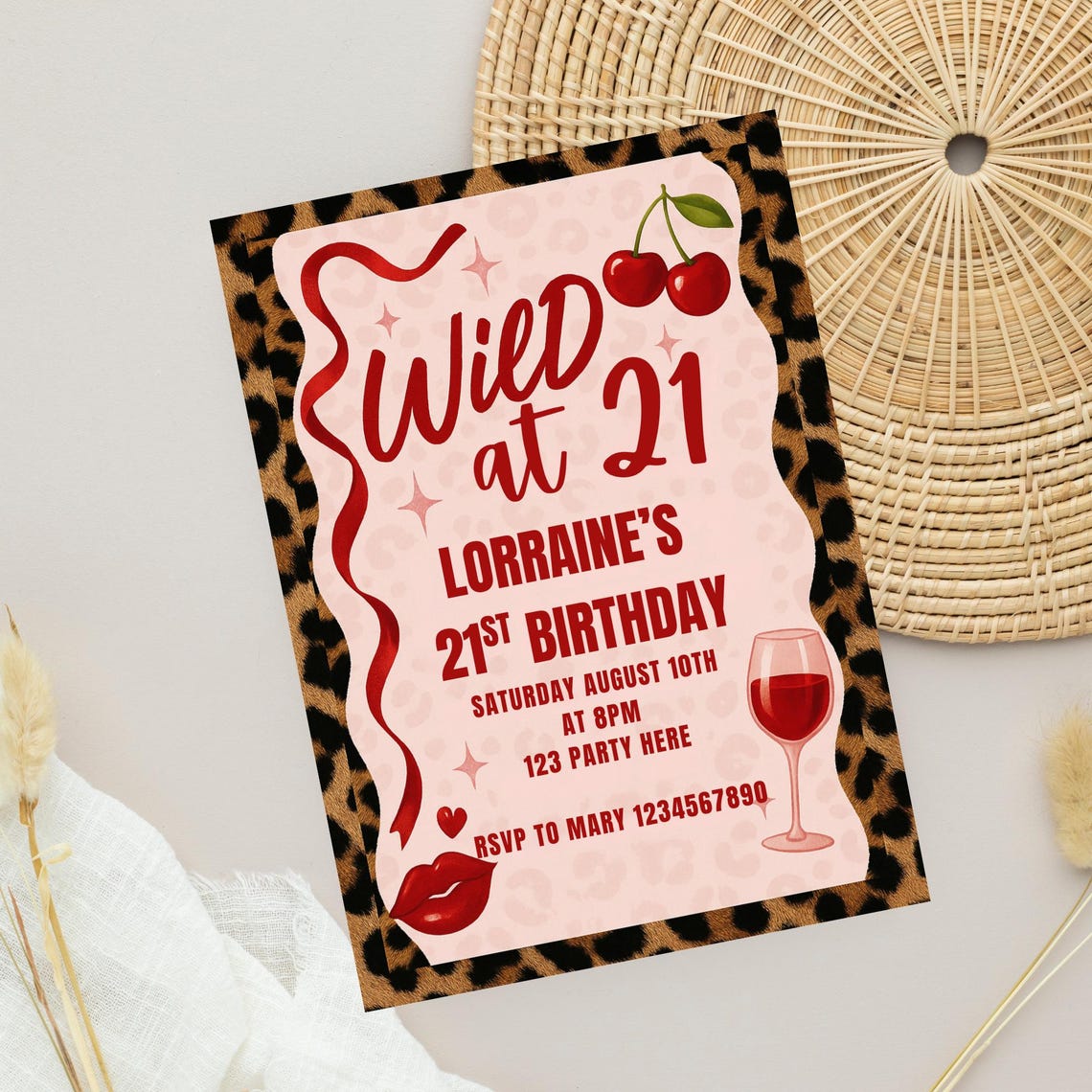 Cheetah Cherry Birthday Invitation: Red Leopard Print Party (digital ...