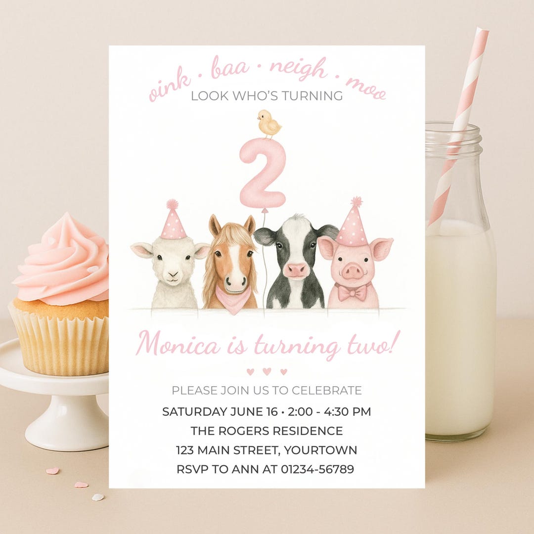 Farm Animals 2nd Birthday Invitation, Barnyard Theme (digital Download ...