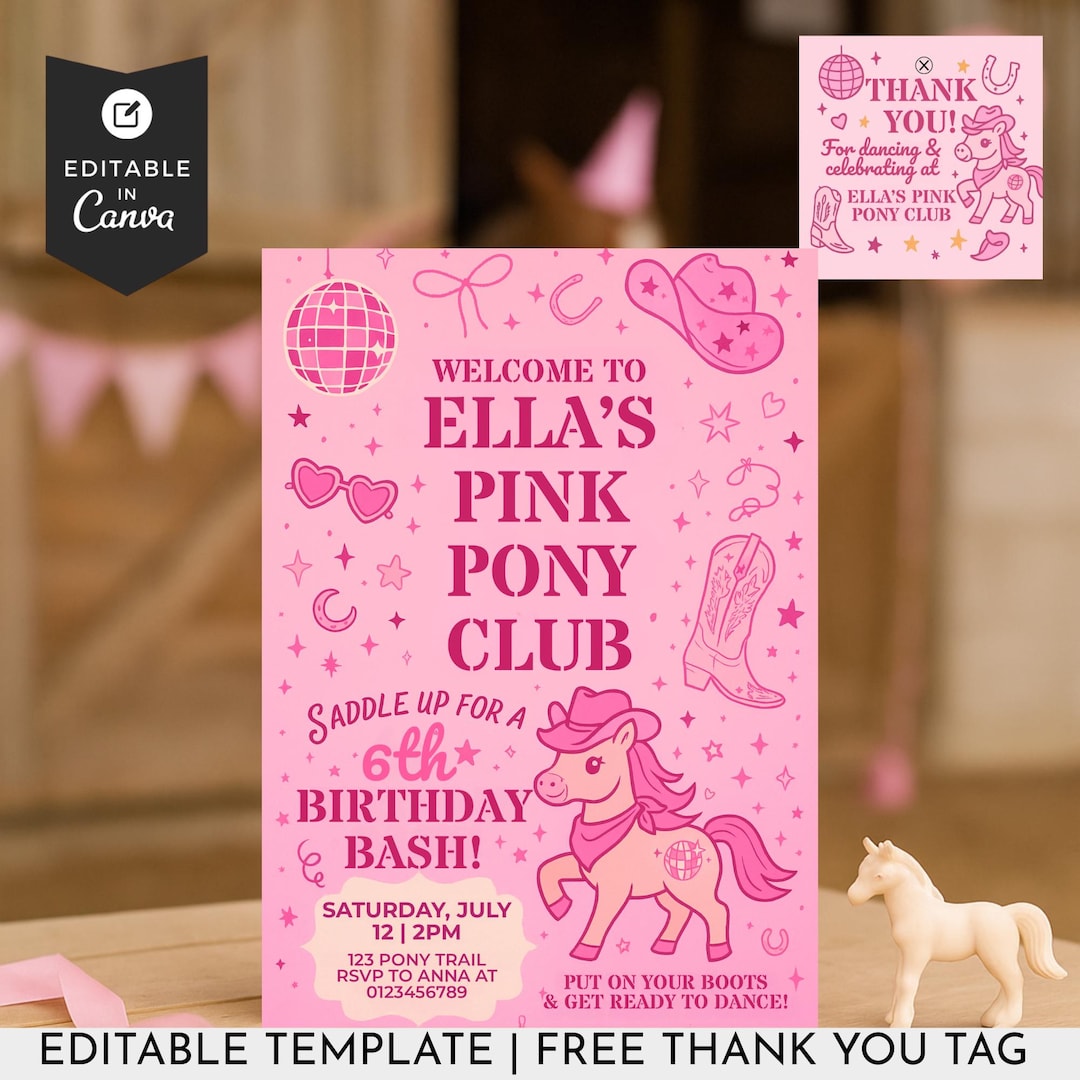 Pink Pony Club Birthday Invitation Template - Editable Digital Download ...