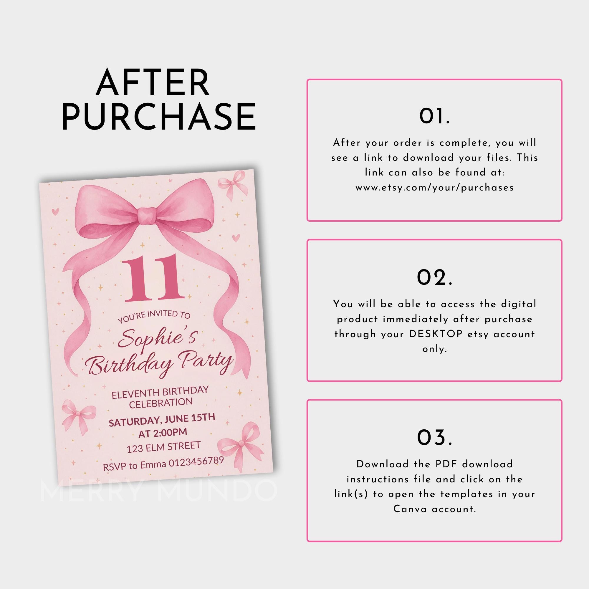 11th Birthday Invite, Editable Pink Bow Invitation for Girls, Tween ...