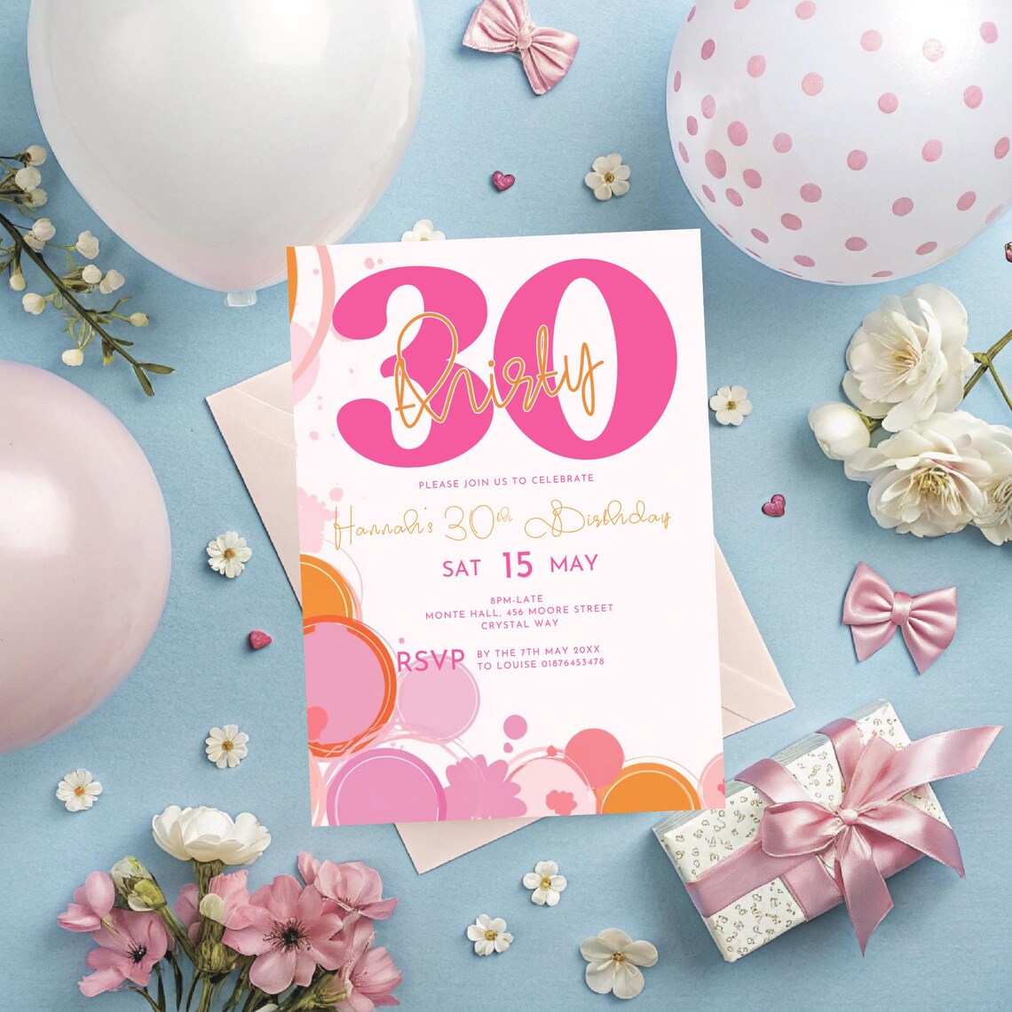Pink & Orange 30th Birthday Invitation: Editable Template (digital ...