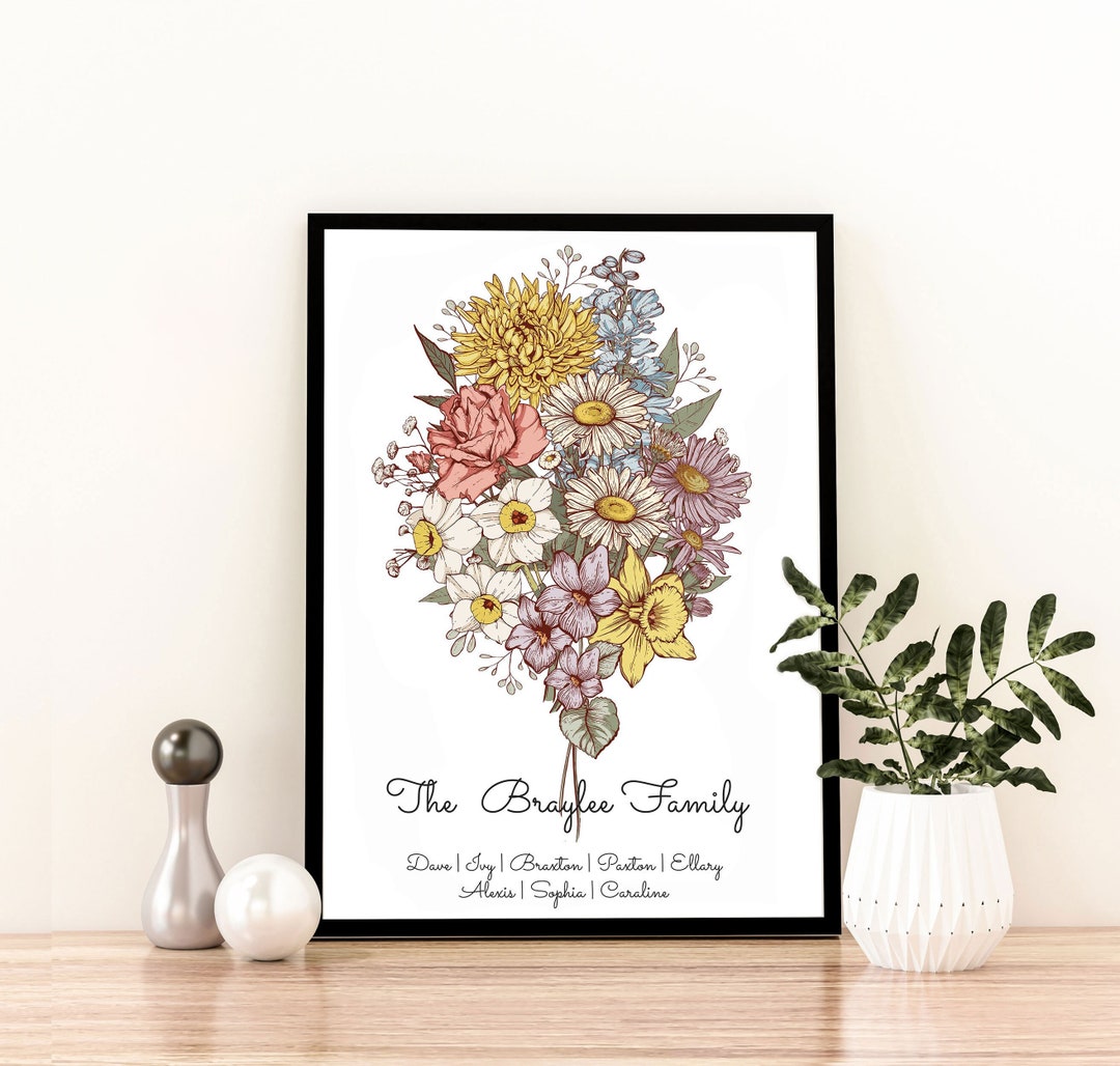 Family Flower Bouquet Birth Month Flower Art.custom Personalized Gift ...
