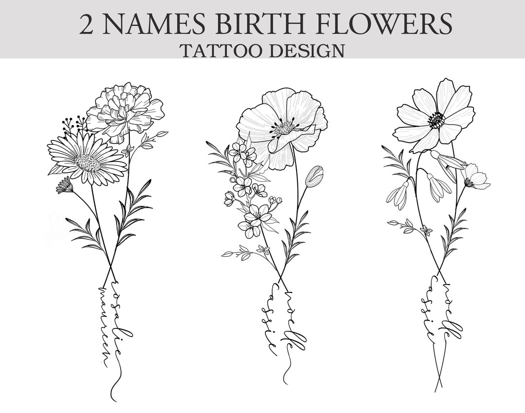 2 Birth Flower Name Tattoo | Couple Family Personalized Gift | Custom ...