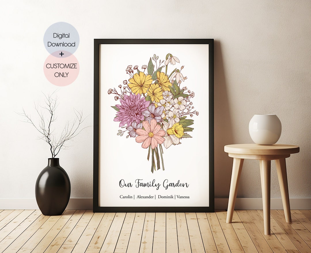 Family Flower Bouquet. Birth Month Flower Art. CUSTOM Personalized Gift ...