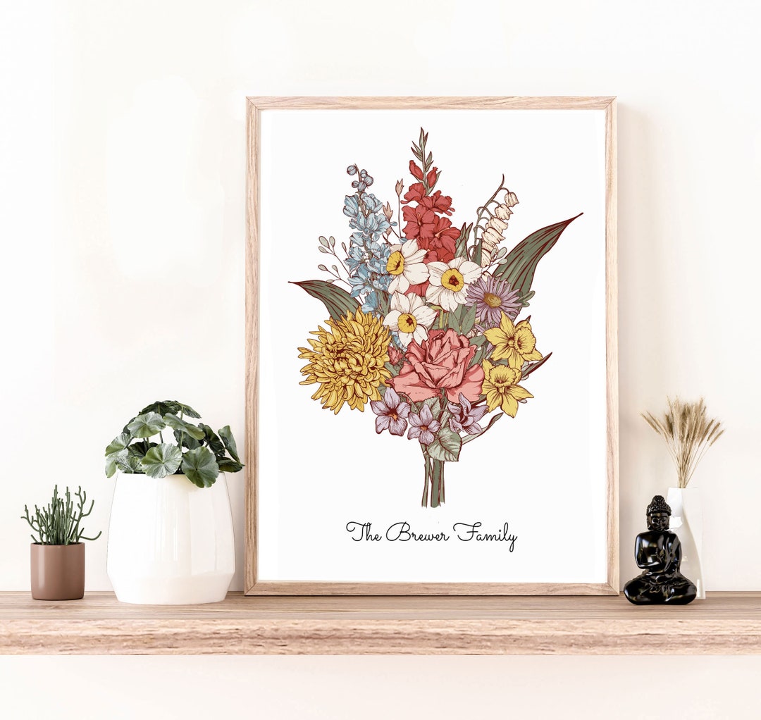 Family Flower Bouquet Birth Month Flower Art.custom Personalized Gift ...