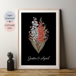 2 Flowers Birth Flower Bouquet Art Print | Personalized Wedding Gift ...