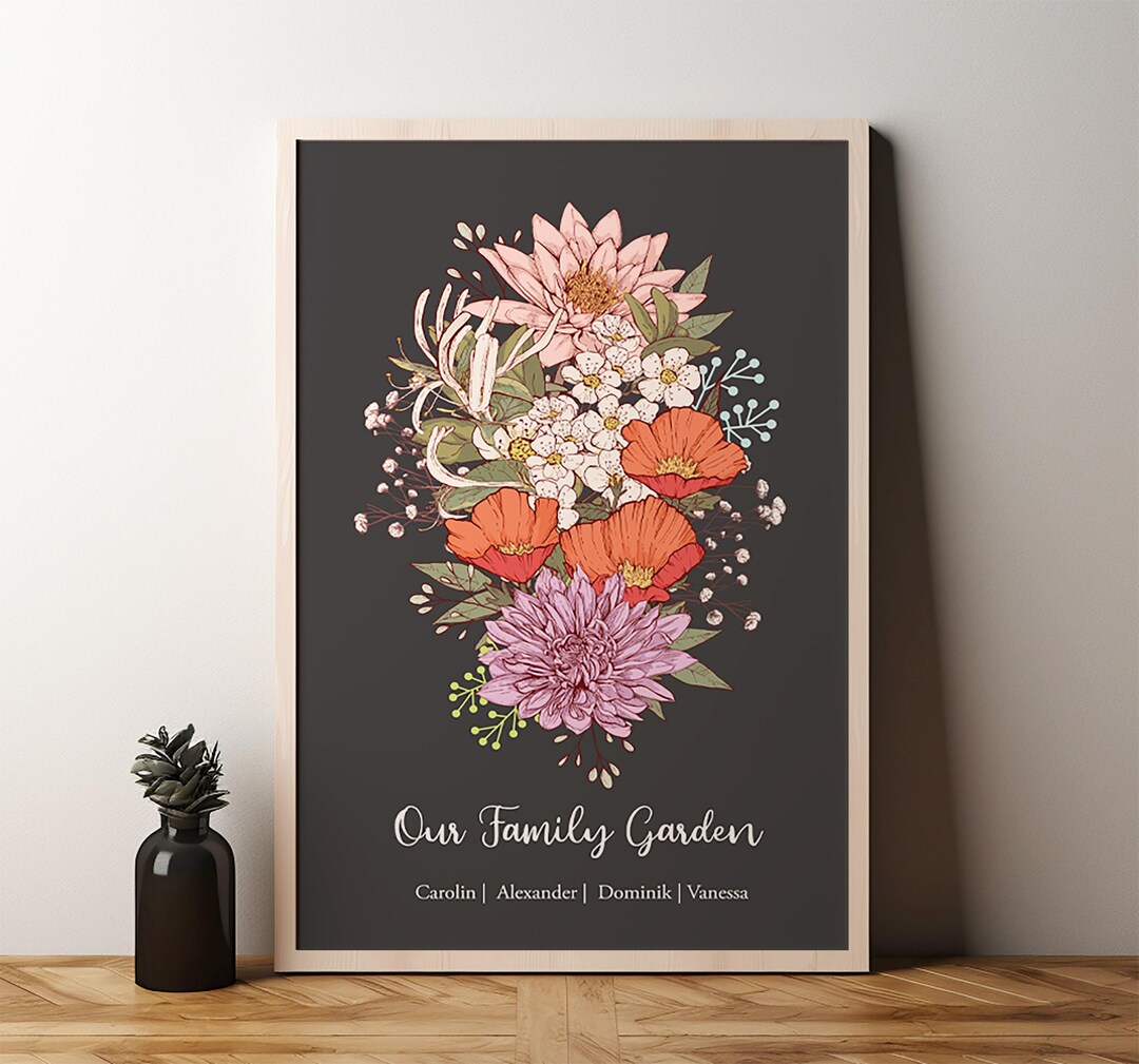 Family Flower Bouquet Birth Month Flower Art.custom Personalized Gift ...