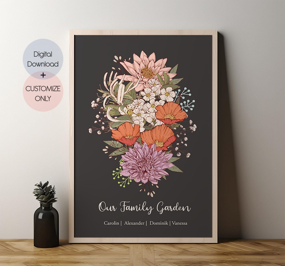 Family Flower Bouquet. Birth Month Flower Art. CUSTOM Personalized Gift ...