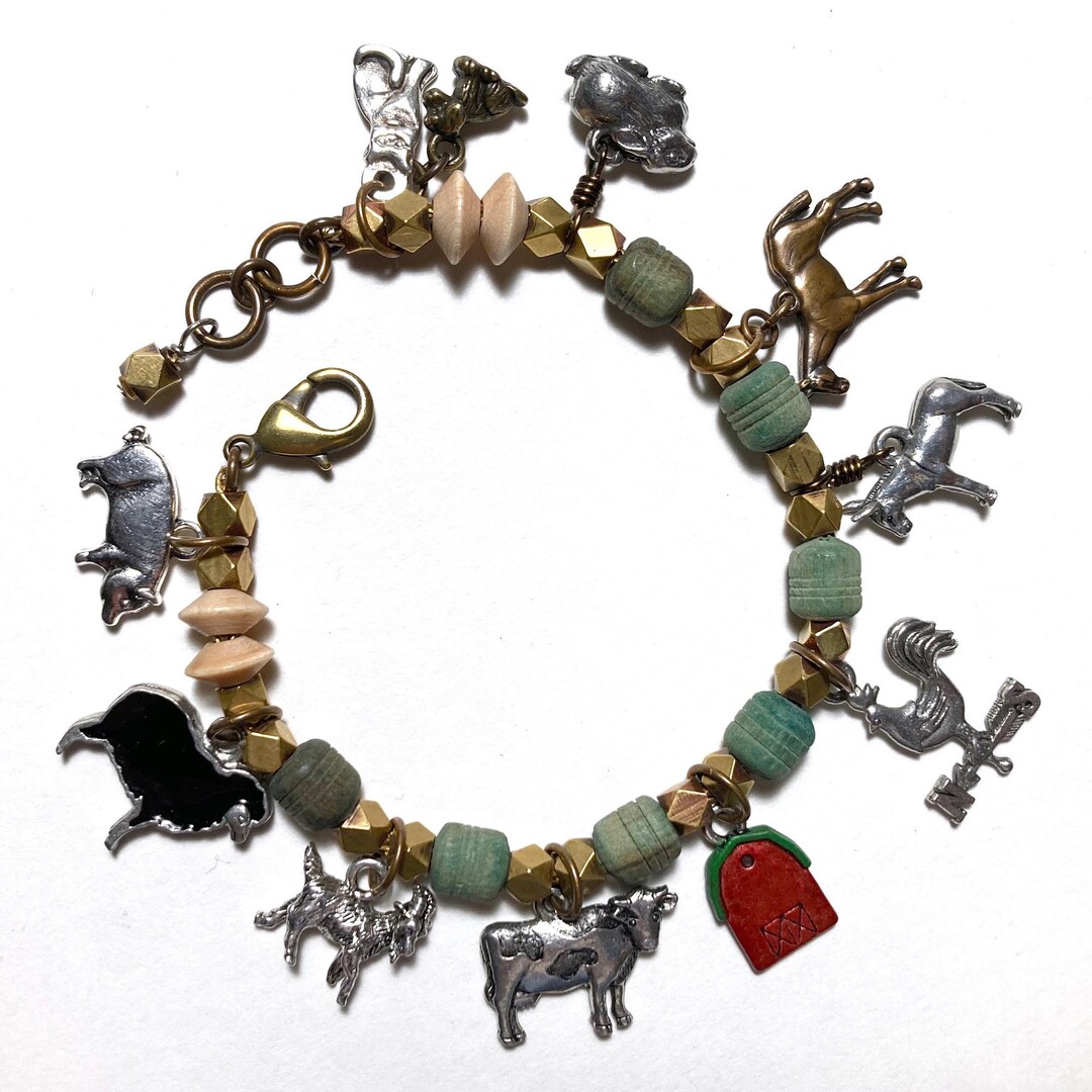Farm Animal Charm Bracelet, Brass Pewter Charms, Olive Wood Beads - Etsy