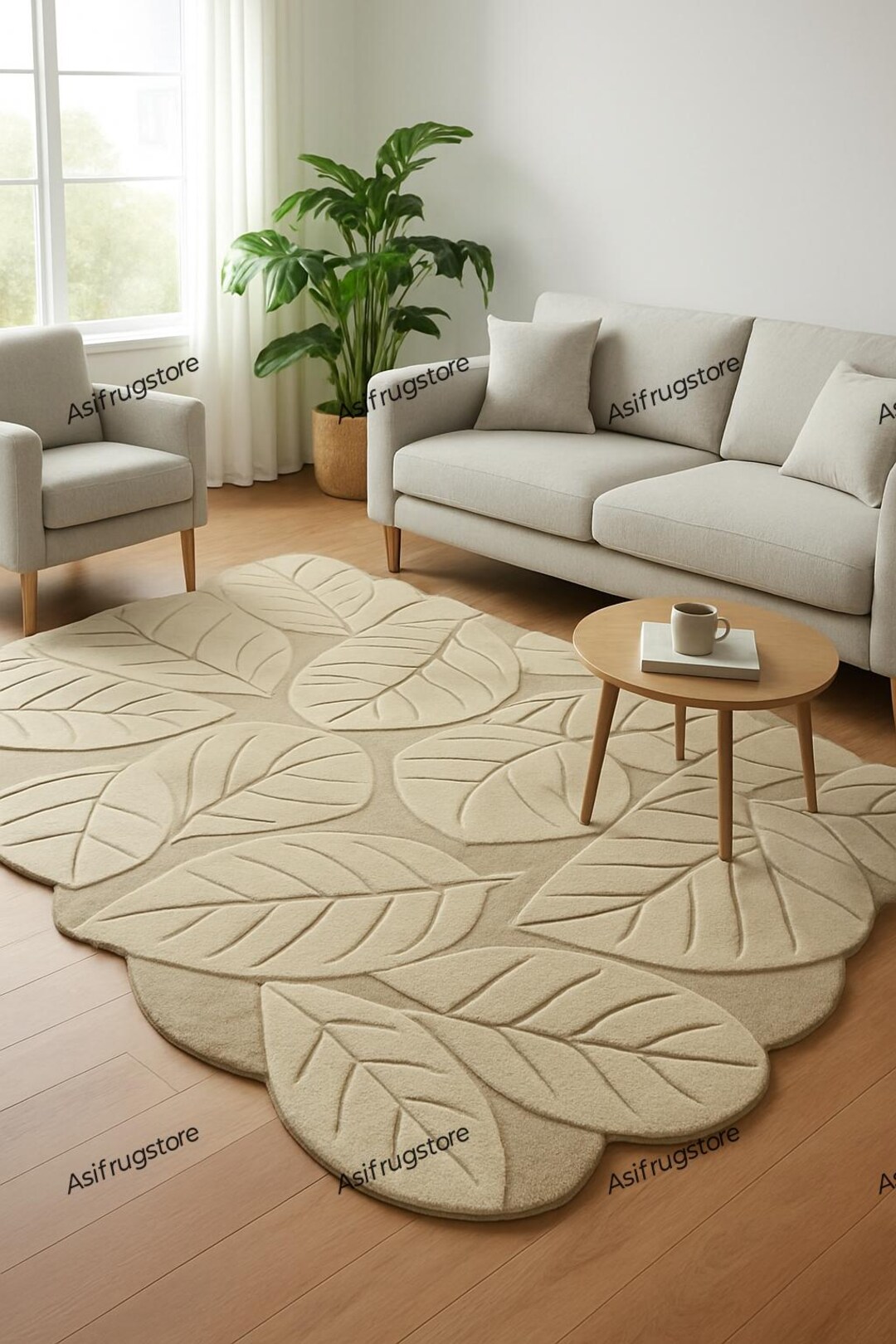 Beige Leaf Shape Rug for Living Room | Modern 3D Leaf Pattern Carpet ...