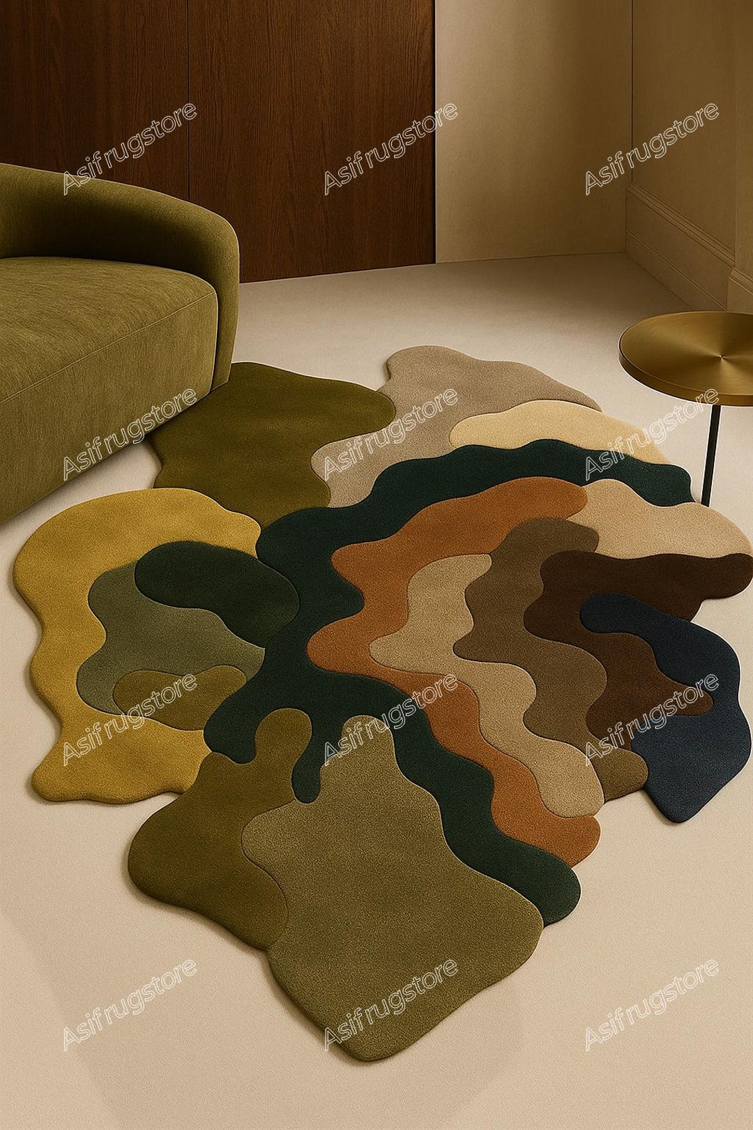 Abstract Organic Shape Rug – Handmade Wool Area Carpet in Earthy Green ...