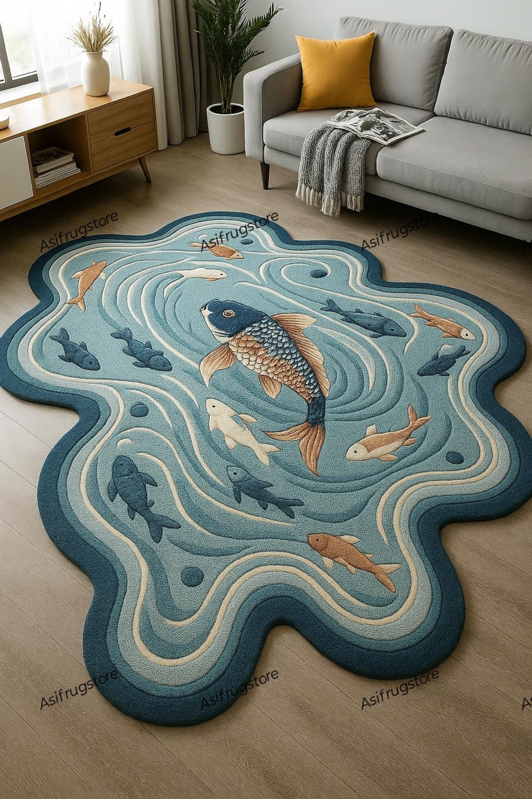 Koi Pond Rug | Unique Shaped Water Pond Carpet | Handmade Tufted Fish ...