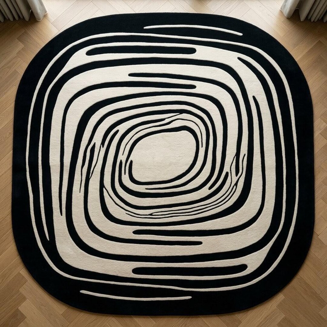 Abstract Round Area Rug | Black White Modern Rug | Contemporary ...