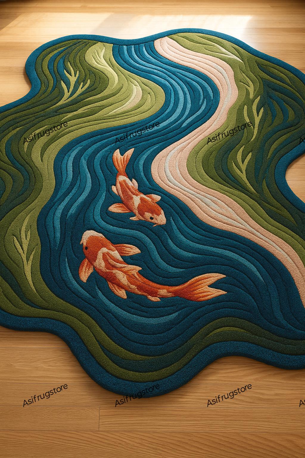 Handmade Koi Fish Rug | Wavy Pond Design Carpet | Japanese Zen Art Rug ...