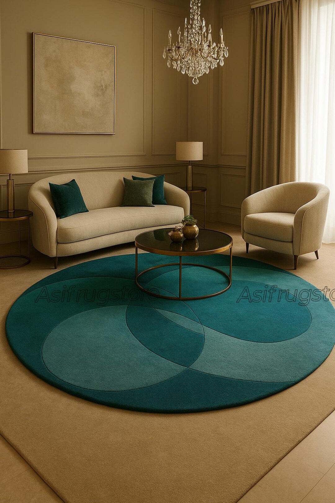 Modern Round Geometric Rug – Blue & Teal Overlapping Circles Design ...