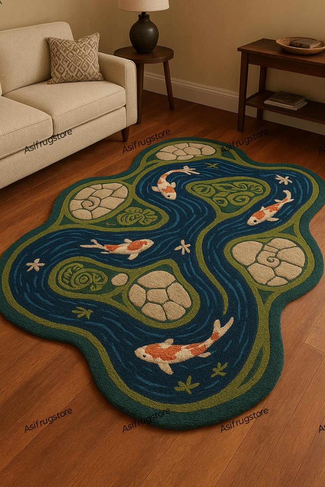 Koi Pond Rug | Unique Shaped Water Pond Carpet | Handmade Tufted Fish ...