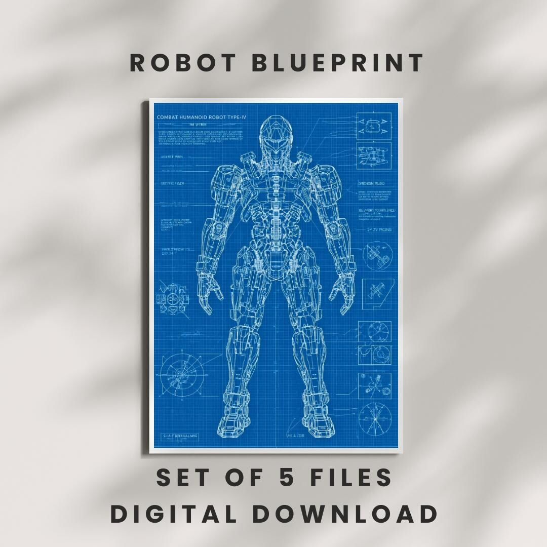 Robot Blueprint Wall Art - 06, Retro Tech Humanoid Machine Design, Sci ...