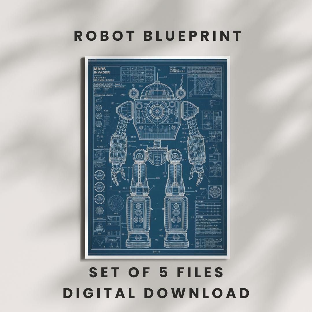 Robot Blueprint Wall Art - 05, Retro Tech Humanoid Machine Design, Sci ...