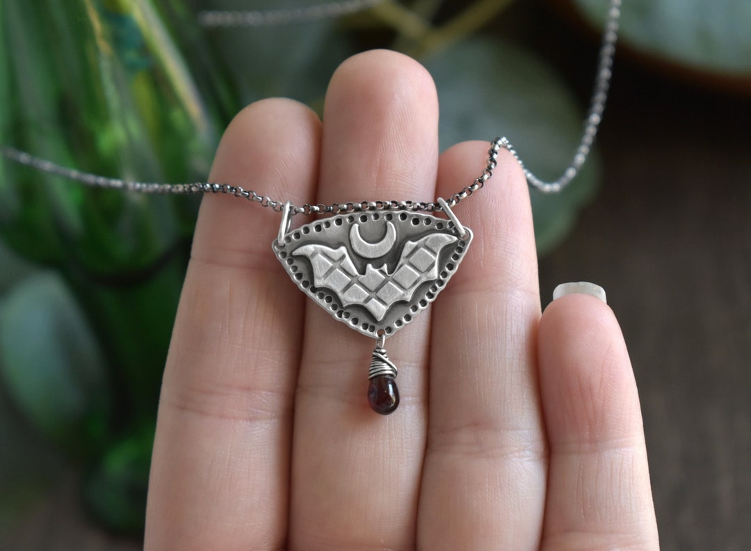 OLD STOCK SALE Sterling Silver Bat Pendant Wire Wrapped Garnet Gemstone ...