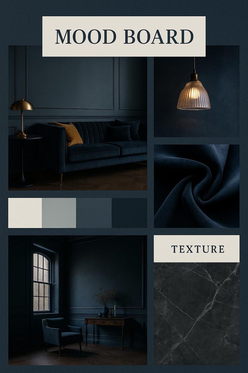 Blue Moody Interior Design Moodboard Template | Editable Canva + A3 ...