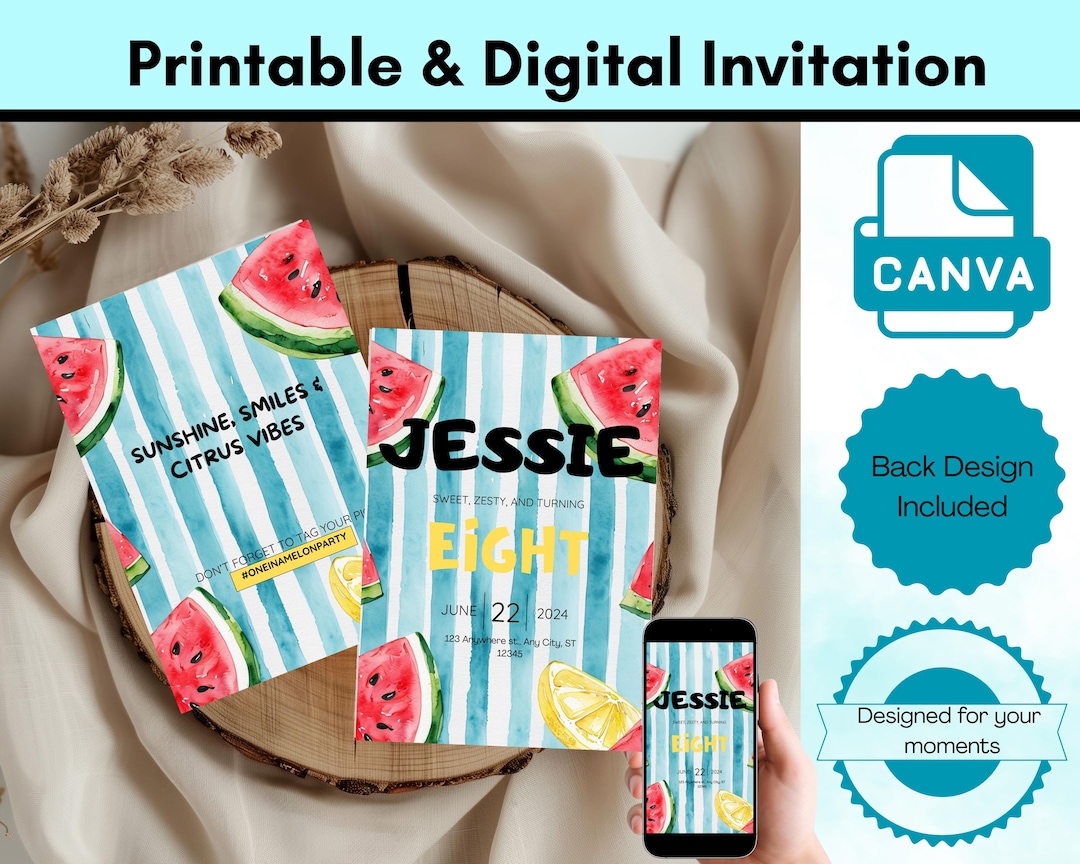 Watermelon Lemon Birthday Invitation, Editable Canva Template ...