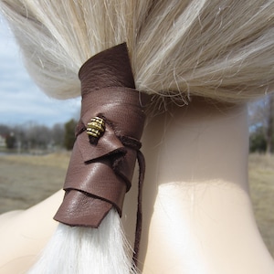 Hair Jewelry Ponytail Holder Beaded Hair Tie Brown Genuine Leather Wrap ...