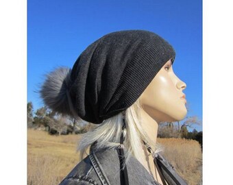 Fur Pom Pom Hat Gray Cashmere Cotton Blend Slouchy Beanie | Etsy