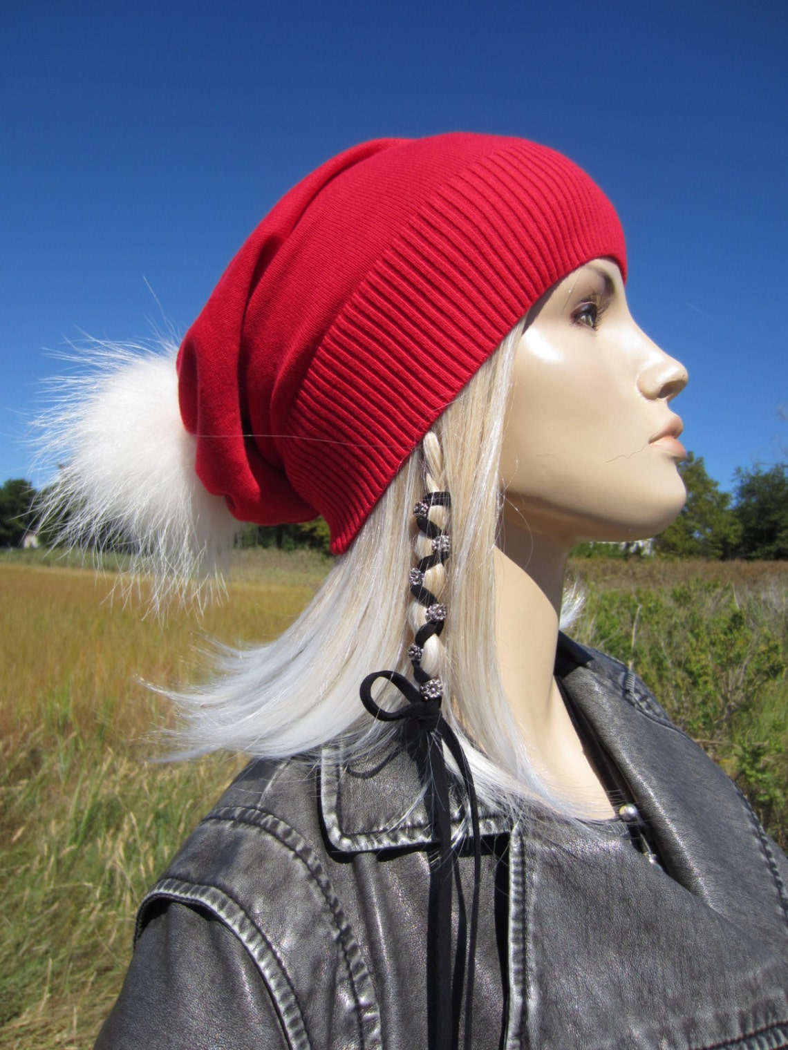 Santa Hat Stocking Cap Real Fur Pom Pom Beanie Genuine Fur | Etsy