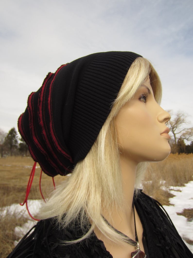 Black / Red Edgy Slouch Beanies Hats Rose Back Tam Cashmere | Etsy