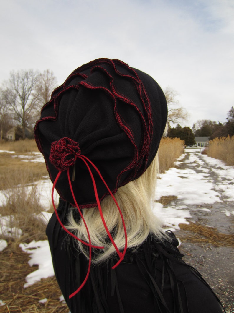 Black / Red Edgy Slouch Beanies Hats Rose Back Tam Cashmere | Etsy
