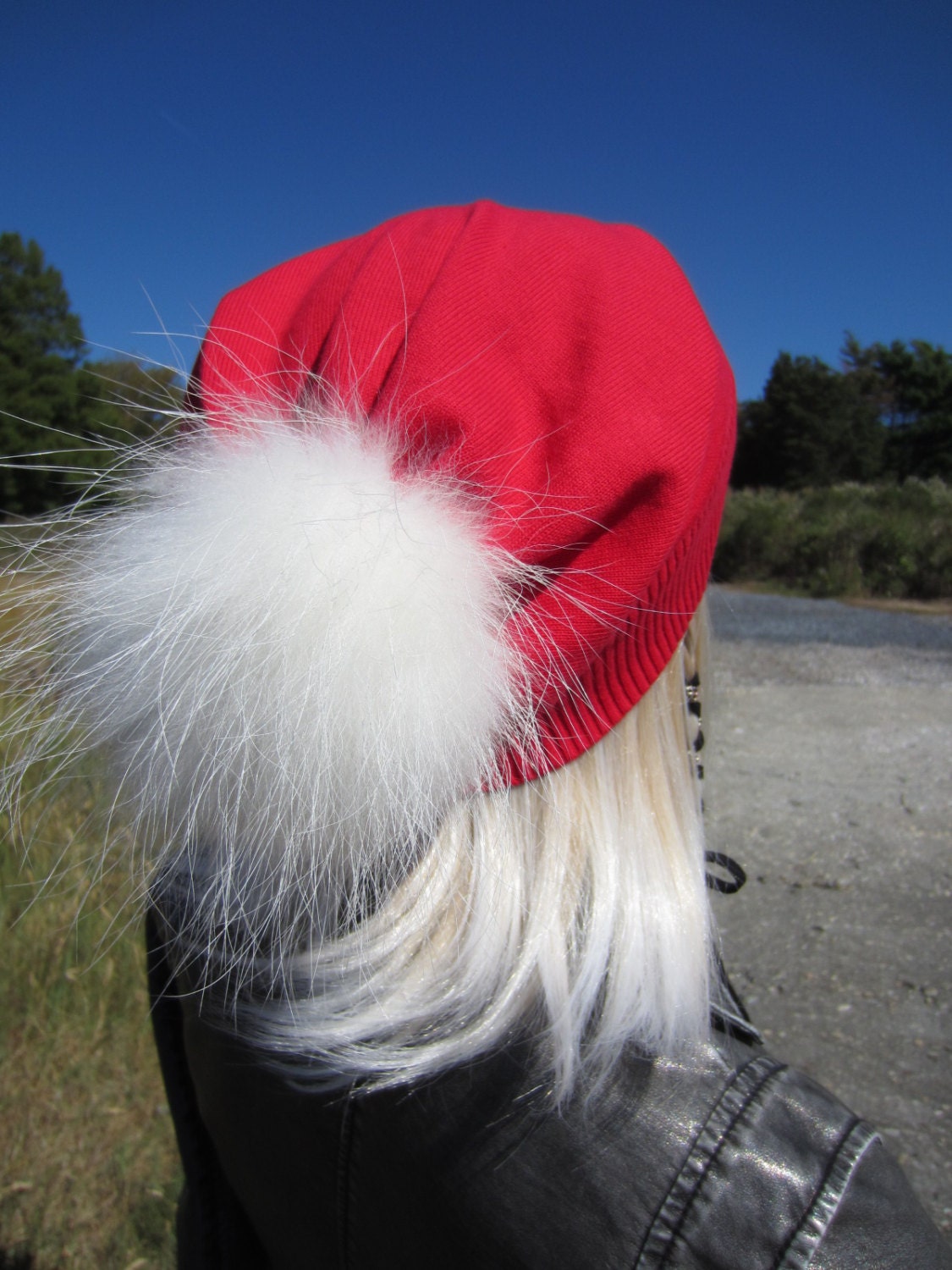 Santa Hat Stocking Cap Real Fur Pom Pom Beanie Genuine Fur | Etsy