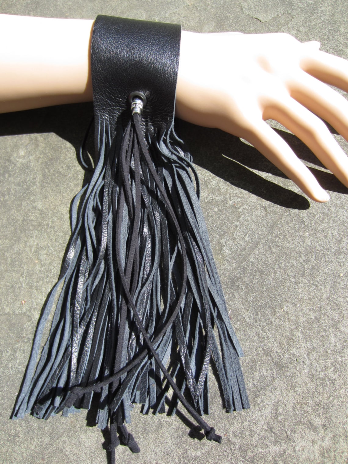 Black Leather Fringe Cuff Bracelet, Wrist Wrap Wristband Silver or ...