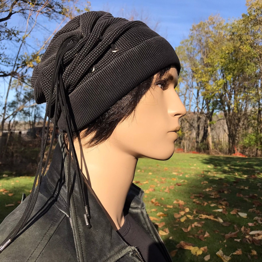 Acid Washed Black Slouchy Beanie Hat Thermal Knit Slouch Tam Leather ...