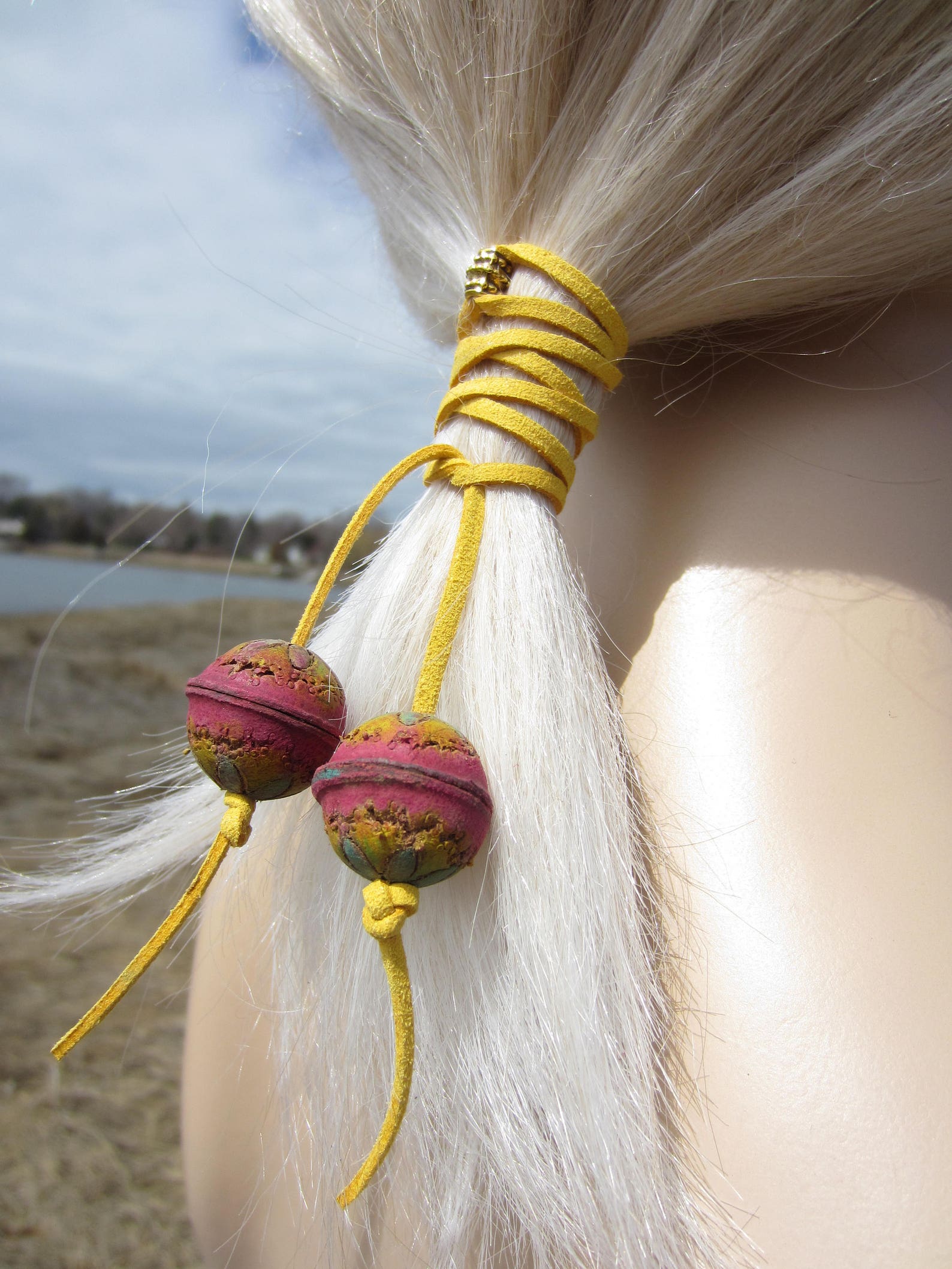 Hand Painted Leather Bead Hair Wraps Bohemian Clothing Ponytial Holders ...