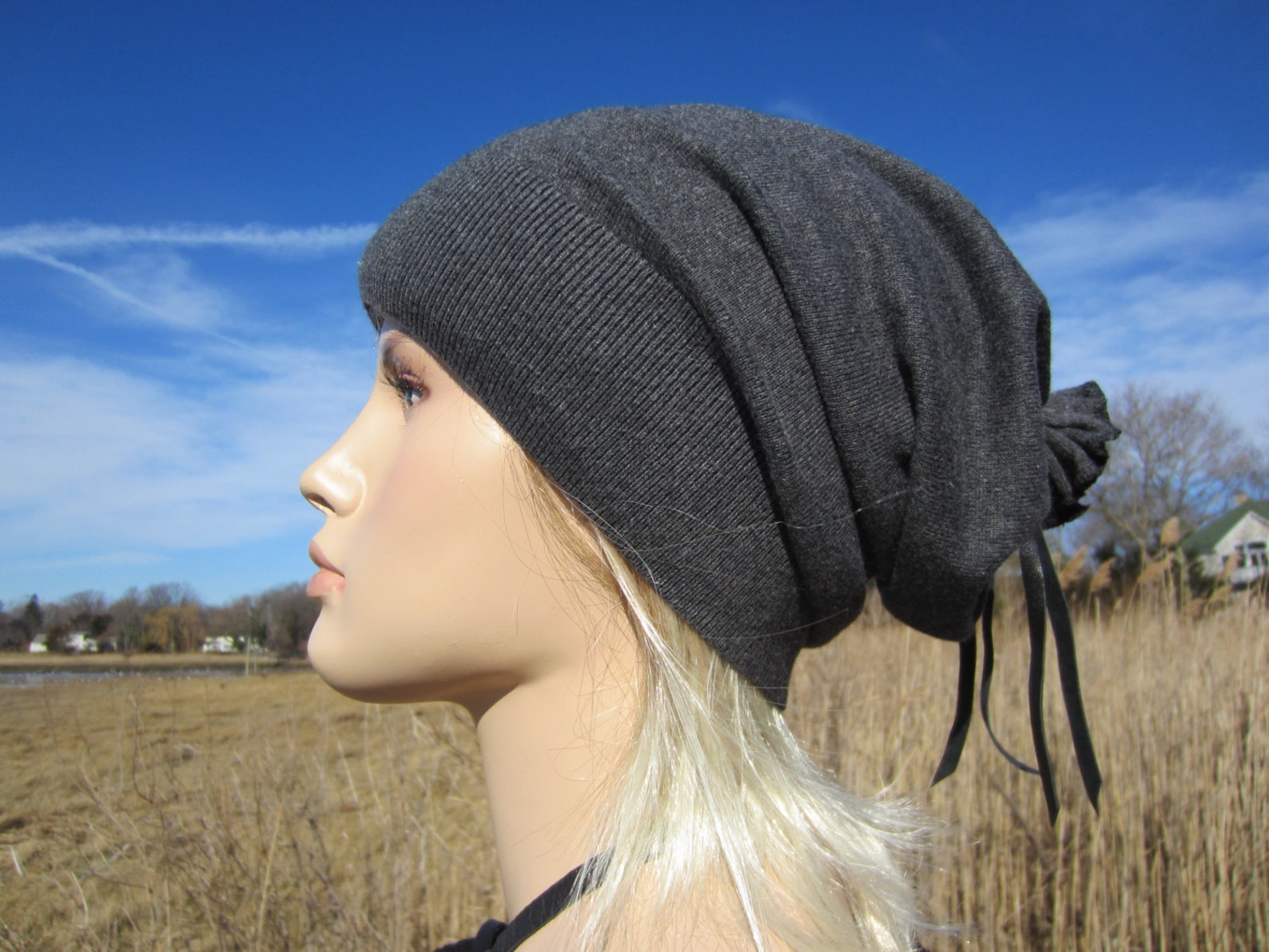 Our Basic Slouch Beanie Hat Unisex Cotton Cashmere Charcoal Gray Tam ...