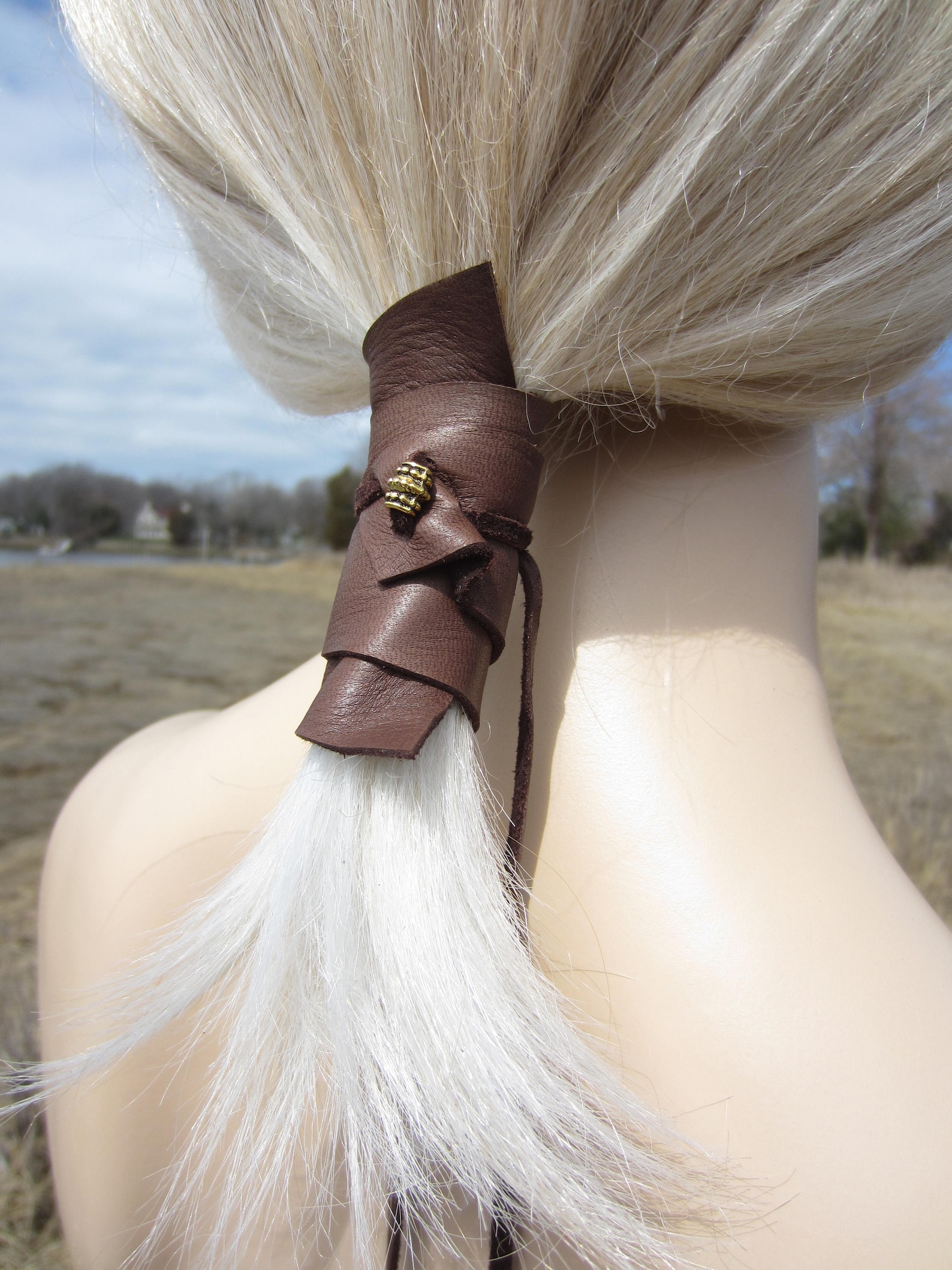 Hair Jewelry Ponytail Holder Beaded Hair Tie Brown Genuine Leather Wrap ...