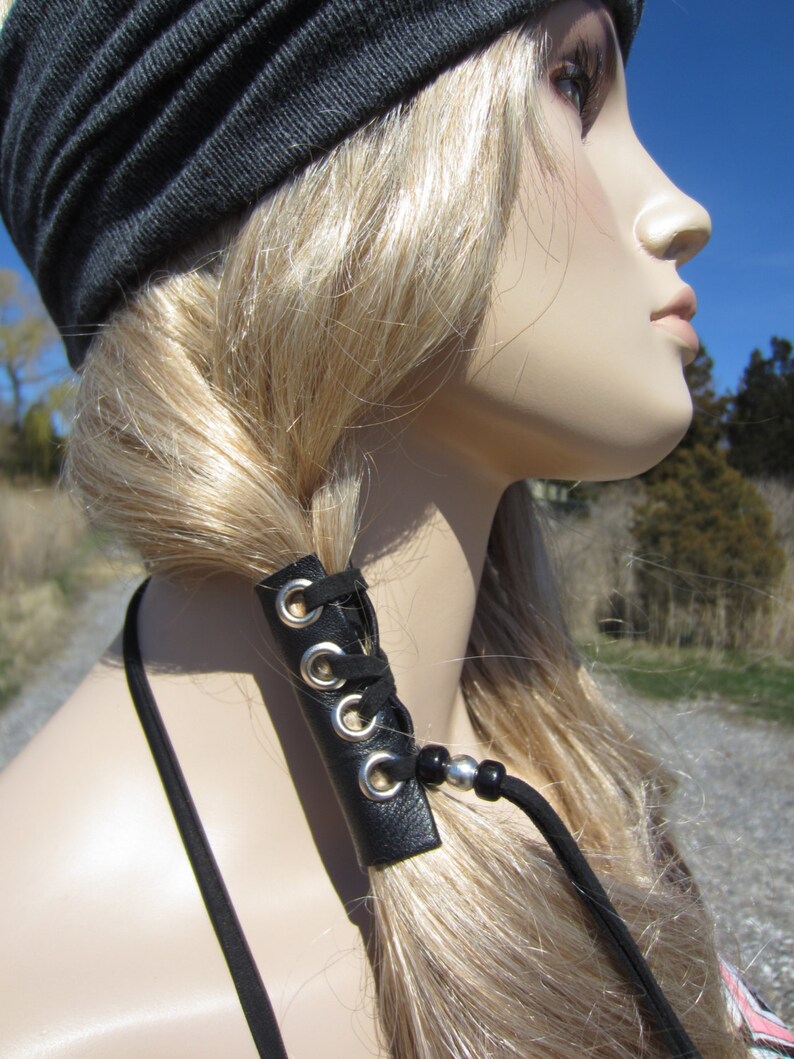 Black Leather Hair Wraps Braid Tie Beaded Ponytail Holder Hair Jewelry ...