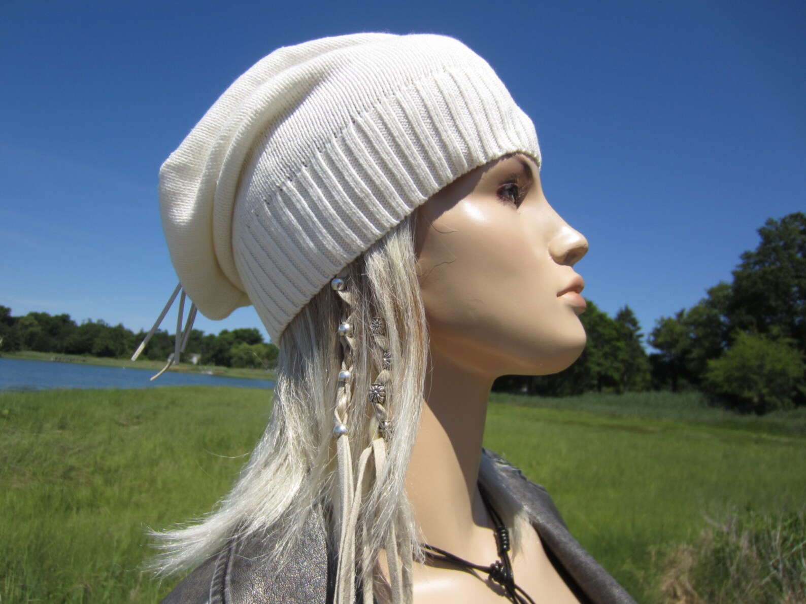 Winter White Knit Slouchy Beanie Hat Ivory Womens Leather Tie | Etsy