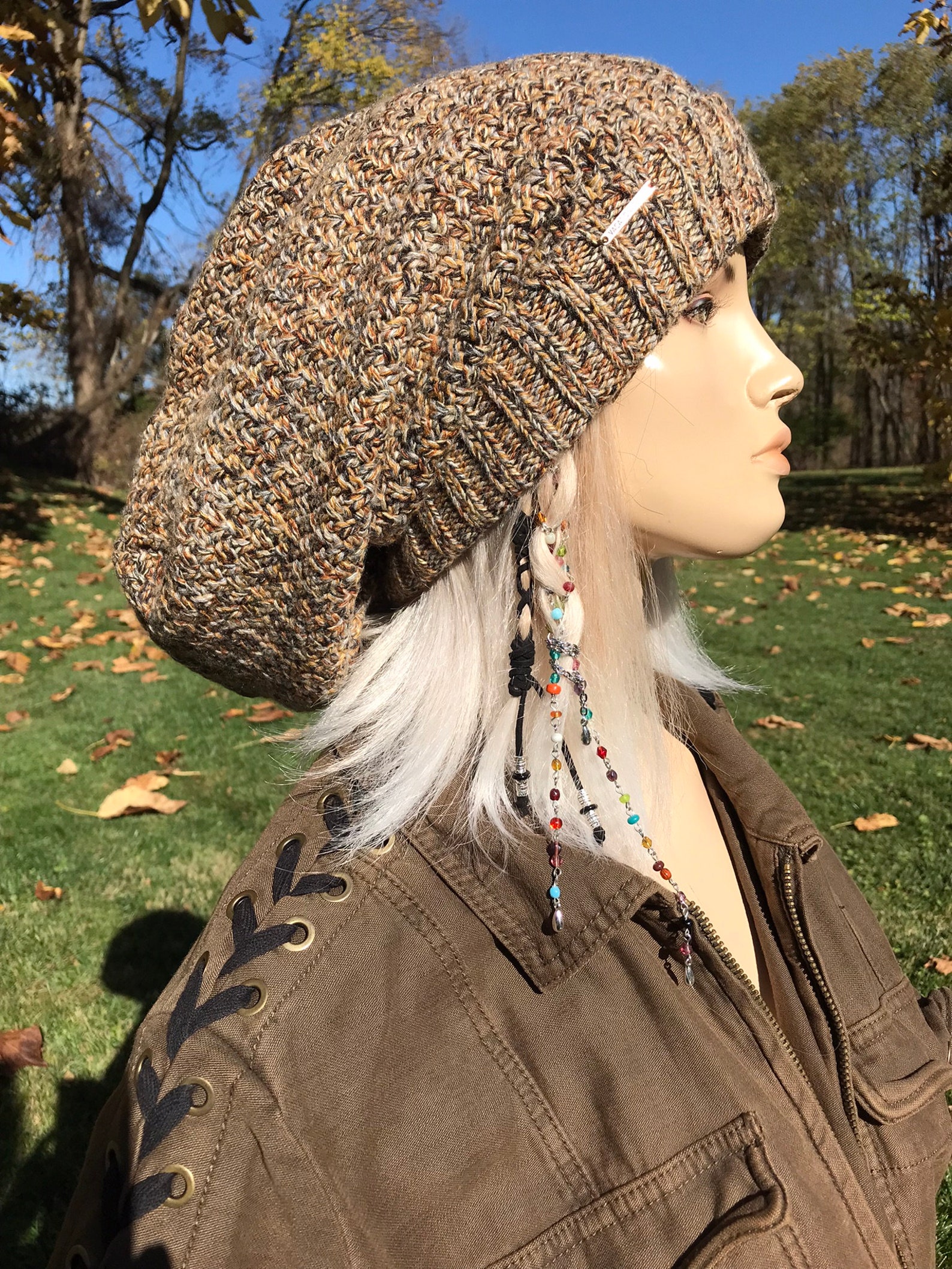 New! Slouchy Hat Wool Blend Winter Beanie Brown Tan Cuffed Tweed Slouch ...