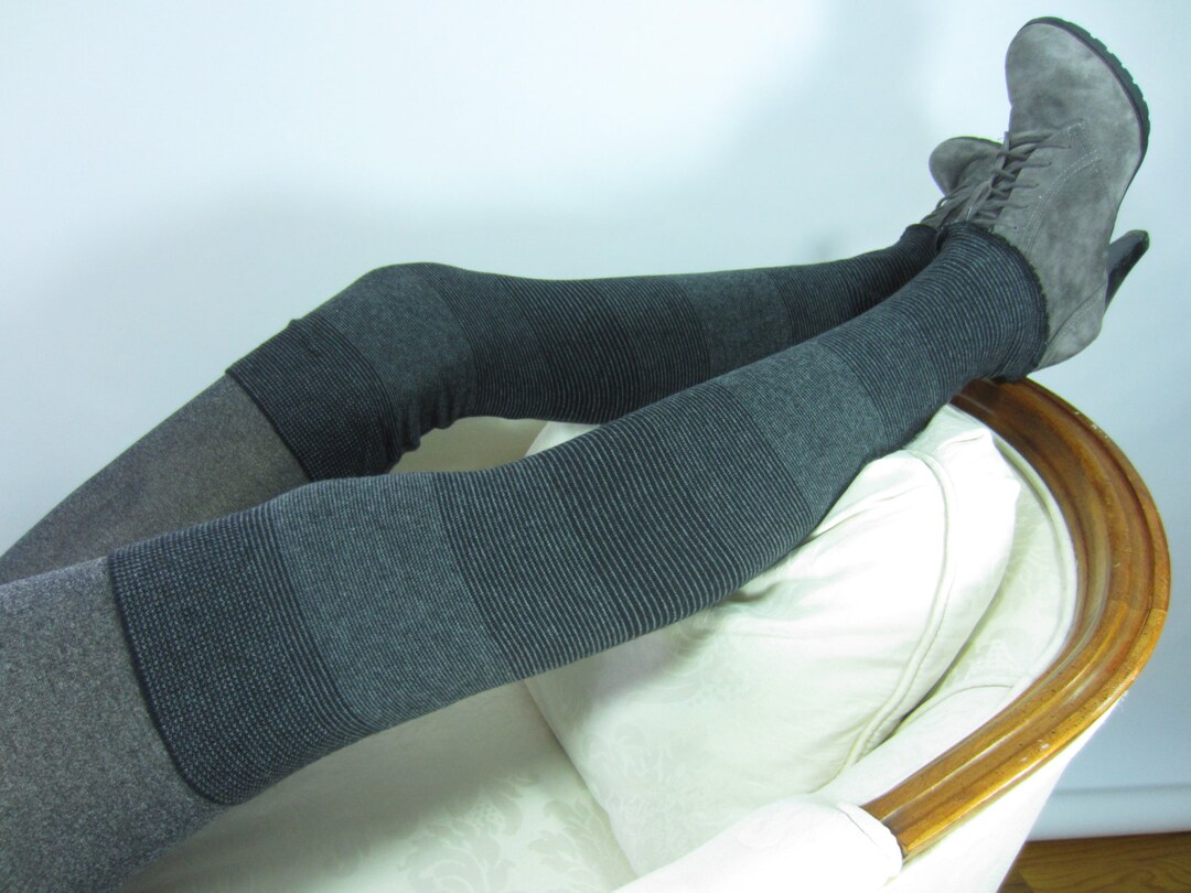 Black Striped Leg Warmers Thigh High Over the Knee Footless Socks Gray ...