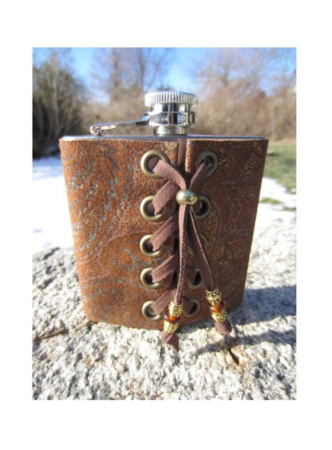 Paisley Leather Covered Flask \ Stainless Steel Hip Flask W/ Funnel ...