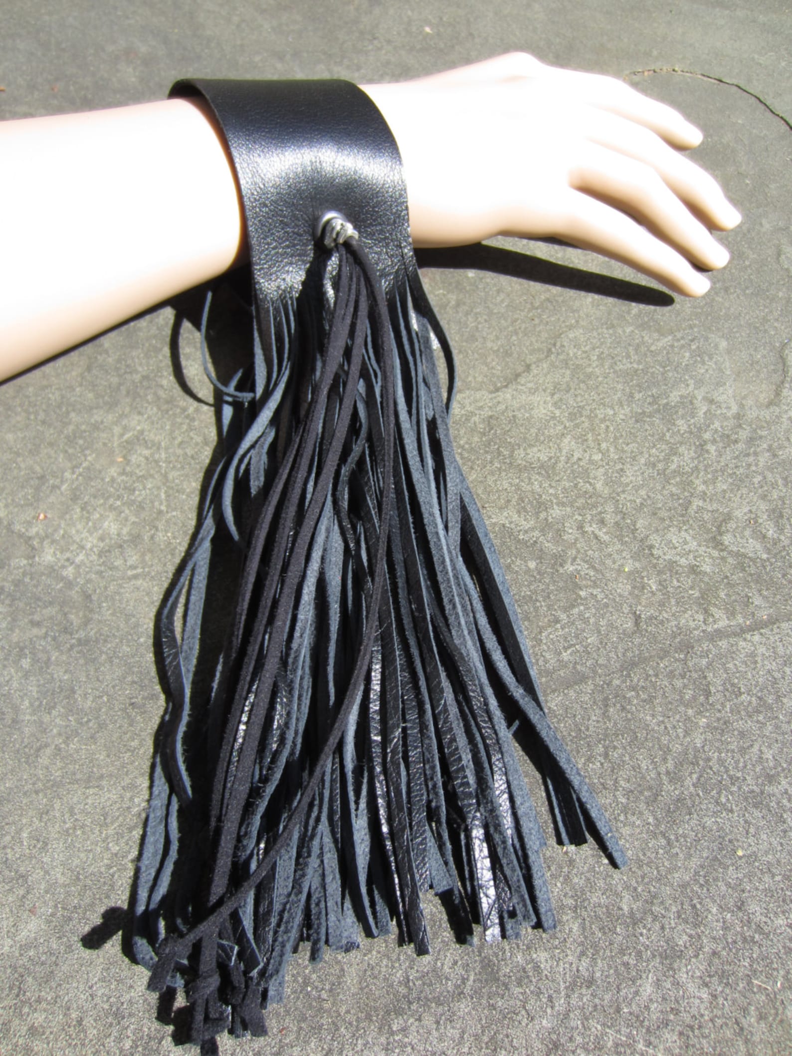 Black Leather Fringe Cuff Bracelet, Wrist Wrap Wristband Silver or ...