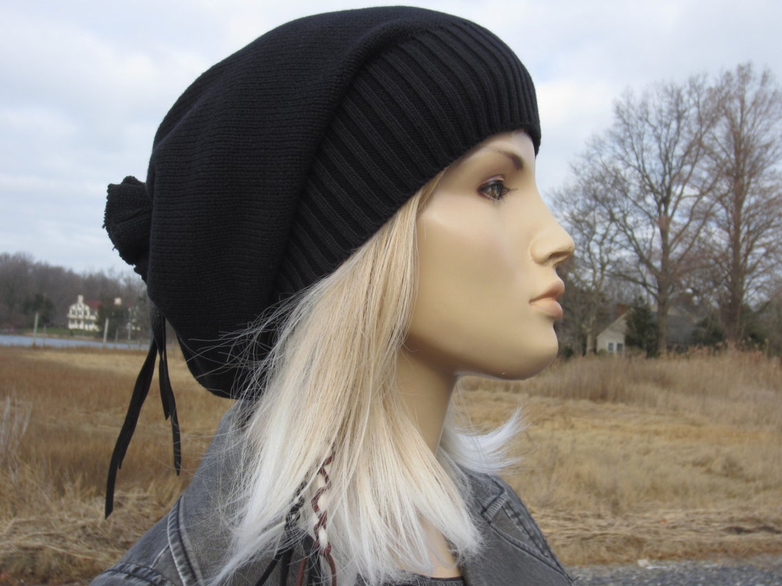 Extra Long Back Tam Big Thick Knitted Womens Solid Black Slouch Beanie ...