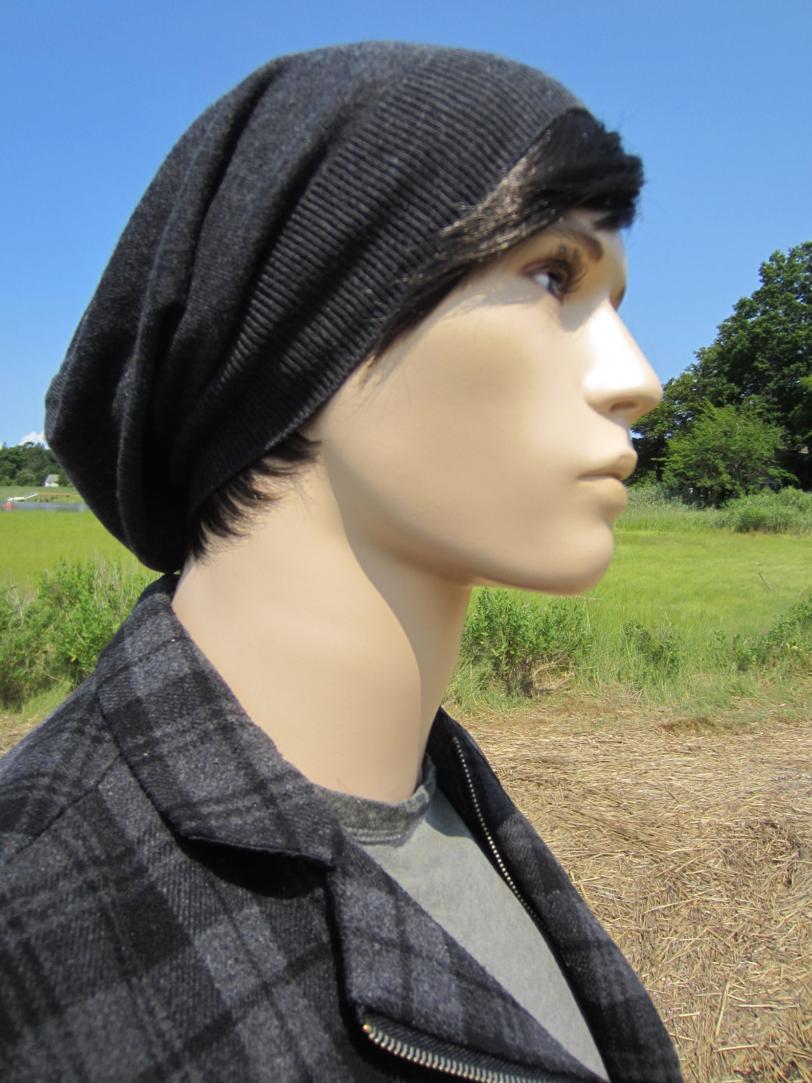 Lightweight Merino Wool Mens Knit Hat Gray Slouchy Beanie Hat Gray ...