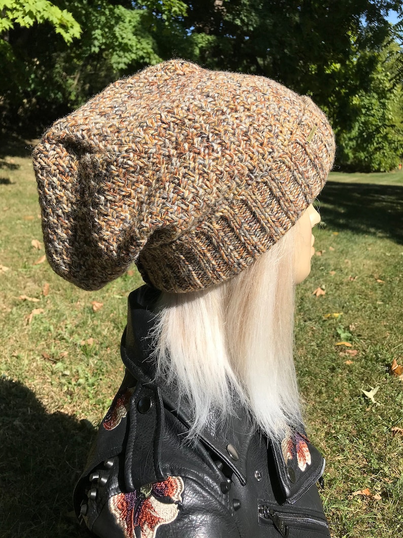 New! Slouchy Hat Wool Blend Winter Beanie Brown Tan Cuffed Tweed Slouch ...