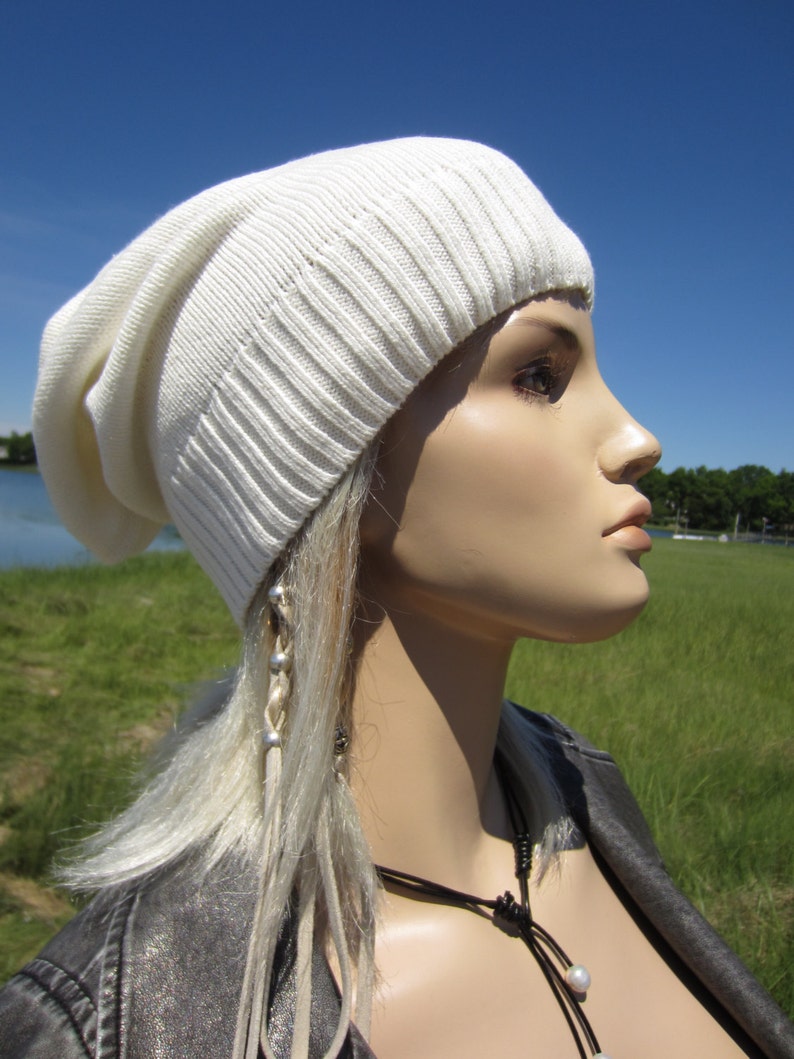 Winter White Knit Slouchy Beanie Hat Ivory Womens Leather Tie | Etsy