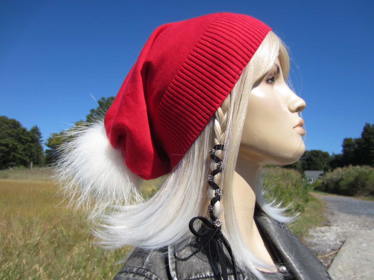 Santa Hat Stocking Cap Real Fur Pom Pom Beanie Genuine Fur | Etsy