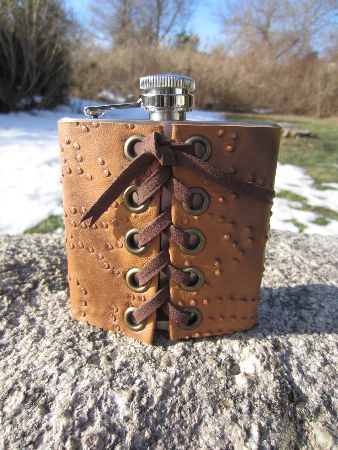 Leather Covered Flask \ Stainless Steel Hip Flask W/ Funnel Brown ...