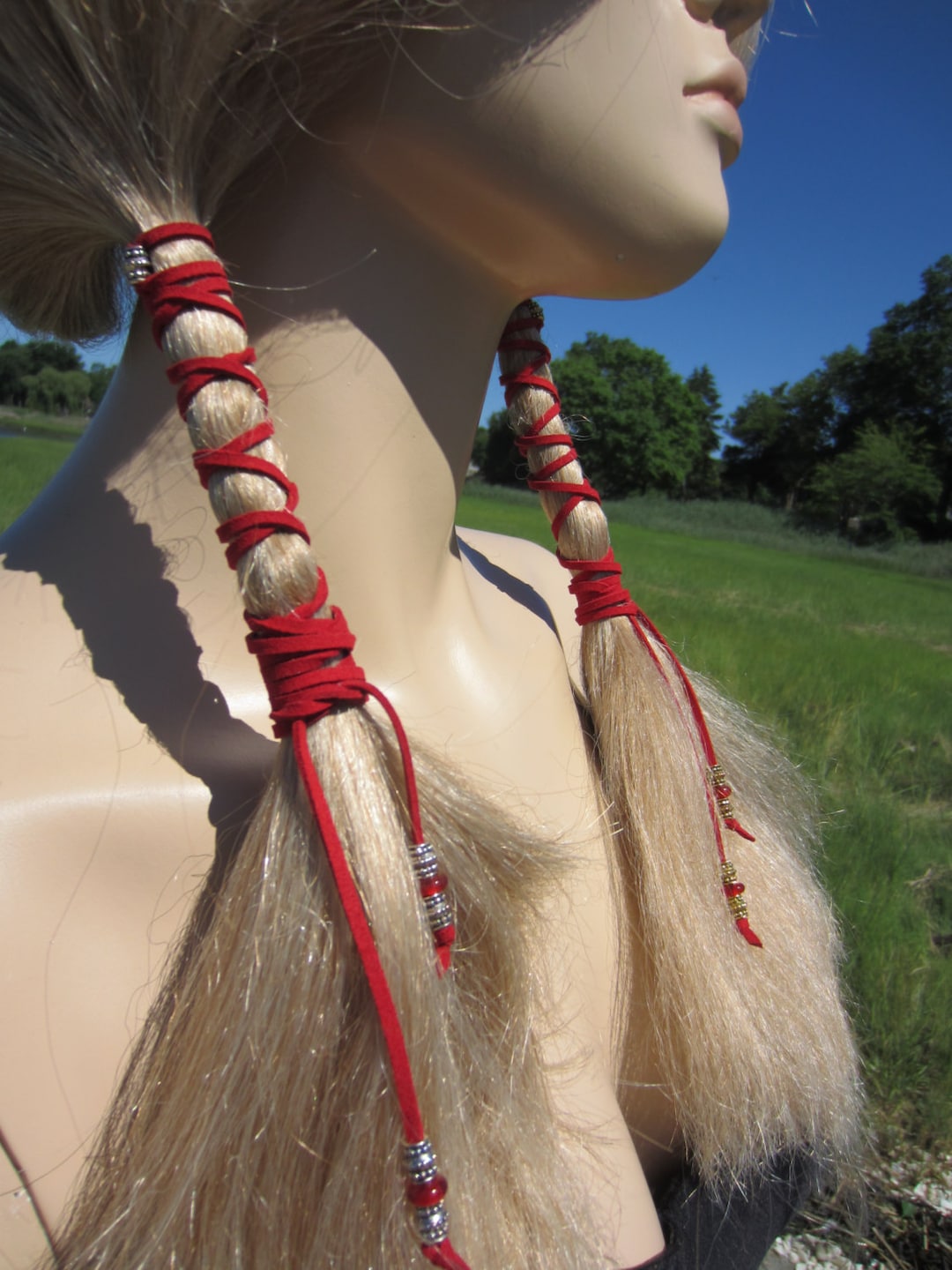 Leather Hair Wraps Ties Bead Ponytail Holders Red Suede Beaded Braid ...