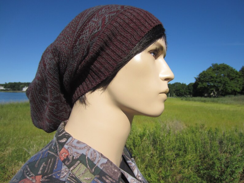 Fair Isle Knit Hat Big Slouchy Beanie Stocking Cap Burgundy & | Etsy